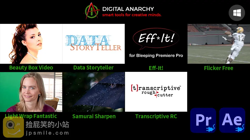AE/PR插件：视频磨皮美化、自动哔哔声、锐化、去闪烁、抠像合成辅助灯光包裹插件、数据可视化_Digital Anarchy bundle 2025.5 CE (Win) - 捡屁笑的小站